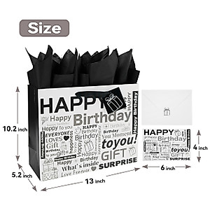 13" Large White Gift Bag Set with Greeting Card and Tissue Papers (‘Happy Birthday' Text) for Men's or Women's Birthday Parties, Boys', Girls', or Kids' Parties, Baby Showers, Baby Boys or Girls -