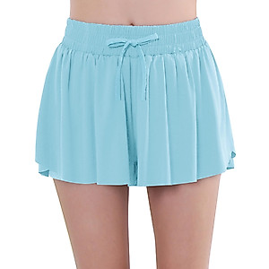 EXARUS Girls Butterfly Flowy Shorts Athletic Running 2 in 1 Cheer Preppy Tennis Dance Flutter with Pockets High Waisted Kids Light Blue 6Y