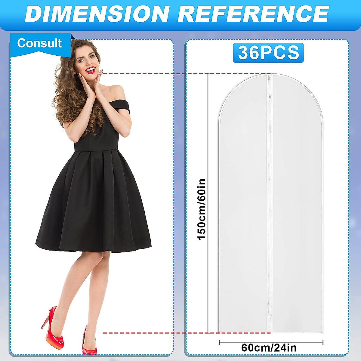 Weysat Set of 36, 24 x 60 Inch Hanging Garment Bag Clear Garment Covers Plastic Clothes Protectors for Hanging Clothes Storage Full Zipper Suit Bags PEVA Breathable Cover for Clothing Coat