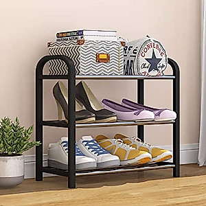 Small Shoe Rack，3-Tier Shoes Shelf Storage Multifunctional Lightweight Organizer Sturdy Metal Stackable Stand Footwear for Closet Living Room Bedroom bathroom(3 Tier Black Shoe Rack)