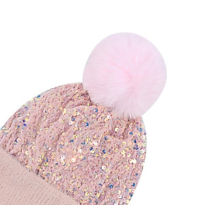 Caviotess Women Sparkly Sequins Knitted Beanie Hat Warm Winter Skull Cap with Faux Fur Pom Pom Light Pink