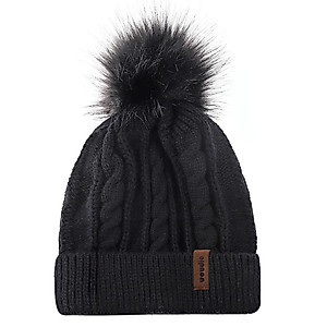 Knit Balaclavas Pom Beanie Hat Scarf Set for Womens Mens Winter Ski Hat Slouchy Skull Cap with Fleece Lined Black