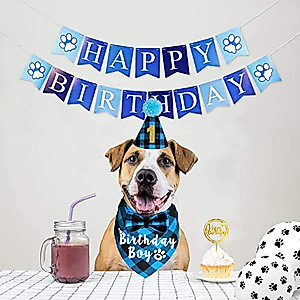 JOTFA Dog Birthday Party Supplies, Plaid Dog Birthday Boy Bandanas with Dog Birthday Party Number Hat Bow Tie Bannner for Small Medium Large Dogs Pets (Light Blue)