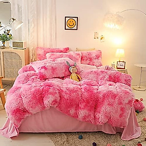 Jameswish Shaggy Plush Duvet Cover Set Super Soft Fluffy Faux Fur Comforter Cover Set Luxury Fuzzy Bedding Set 3 Piece(1Duvet Cover+2Pillowcases) with Zipper Closure(Full Size,Pink White Ombre)