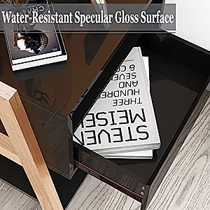 UYIHOME Nightstand Set of 2 with Drawers and Open Shelves, Modern High Gloss Bedside Table with Storage & Trapezoid Rubberwood Leg Frame, Sofa Side End Accent Table for Bedroom, Black