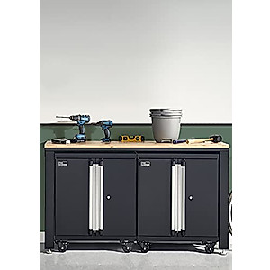 ClosetMaid ProGarage Garage Storage Base Cabinets & Workbench Top 3-Piece Set, Custom, Durable, Adjustable, Steel Construction, Black