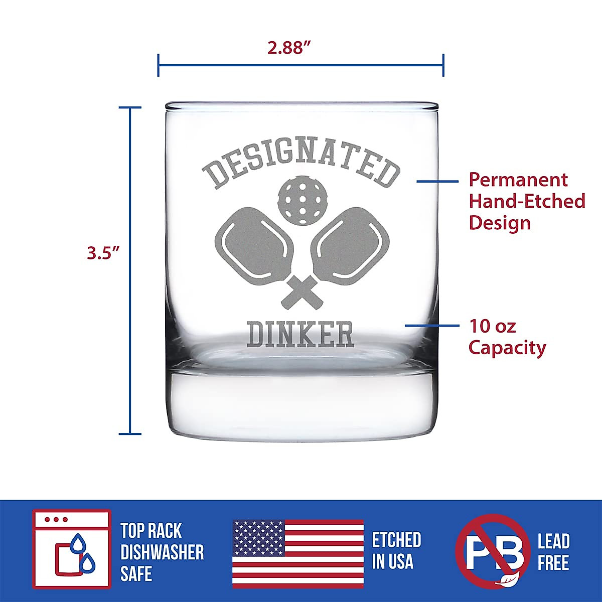 Designated Dinker - Whiskey Rocks Glass - Funny Pickleball Themed Decor and Gifts - 10.25 Oz Glasses