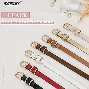 LEACOOLKEY Women Skinny Leather Belt for Dress Jeans Patent Leather Thin Waist Belt with Gold Buckle