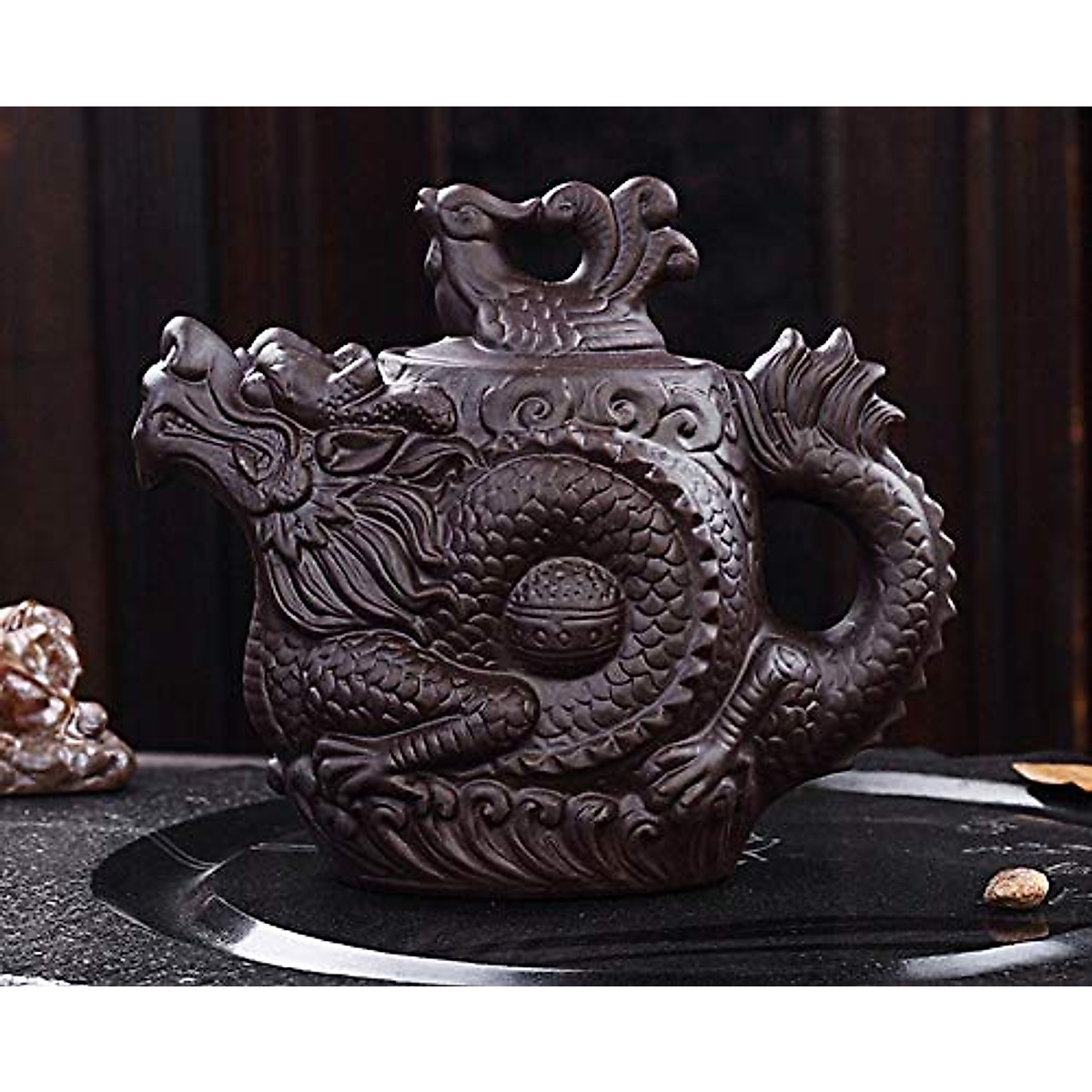 Authentic Yixing Teapot Dragon and Phoenix Tea Pot Big Capacity Purple Clay Tea Set Kettle Kung Fu Teapot (Black)
