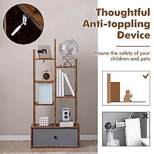 LOKO Rustic Bookshelf with Drawer, Industrial 3 Shelf Bookcase with Anti-toppling Device and 7 Open Compartments, Freestanding Vintage Wooden Book Shelf for Bedroom, Living Room (Rustic Brown)