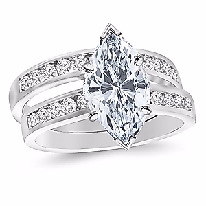 14K White Gold 2.25 Carat LAB GROWN DIAMOND Classic Channel Set Wedding Set Bridal Band & Marquise Cut Diamond Engagement Ring (D-E Color VS1-VS2 Clarity 1.5 Ct Center)
