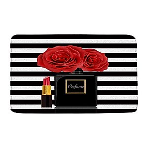 Black Perfume Flower Bath Mat Lipstick Red Rose Woman Lady Makeup Charming Black White Stripe Modern Fashion Cosmetic Sweet Romantic Love Bathroom Mat Microfiber Memory Foam Bath Decor Rugs