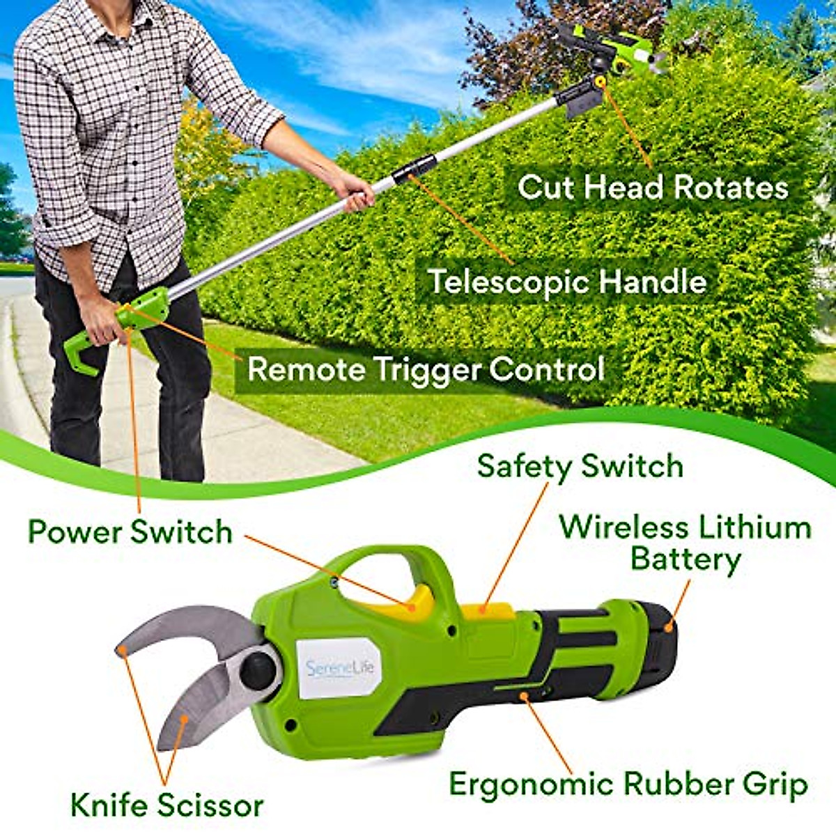 SereneLife Metal 7.2V Lithium-ion Rechargeable Battery Powered Electric Pruning Shears Garden Trimmer-Cordless Branch Cutter Pole Pruner w/Telescopic Handle PSPR190
