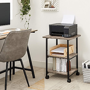 VASAGLE Printer Stand, 3-Tier Machine Cart with Wheels and Adjustable Table Top, Heavy Duty Storage Rack for Office and Home, Greige + Black