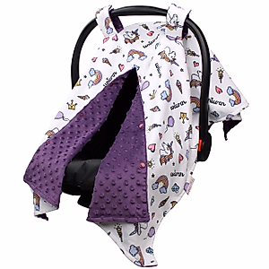 Baby Car Seat Canopy Cover - Unicorn and Rainbows with Purple Minky Dot