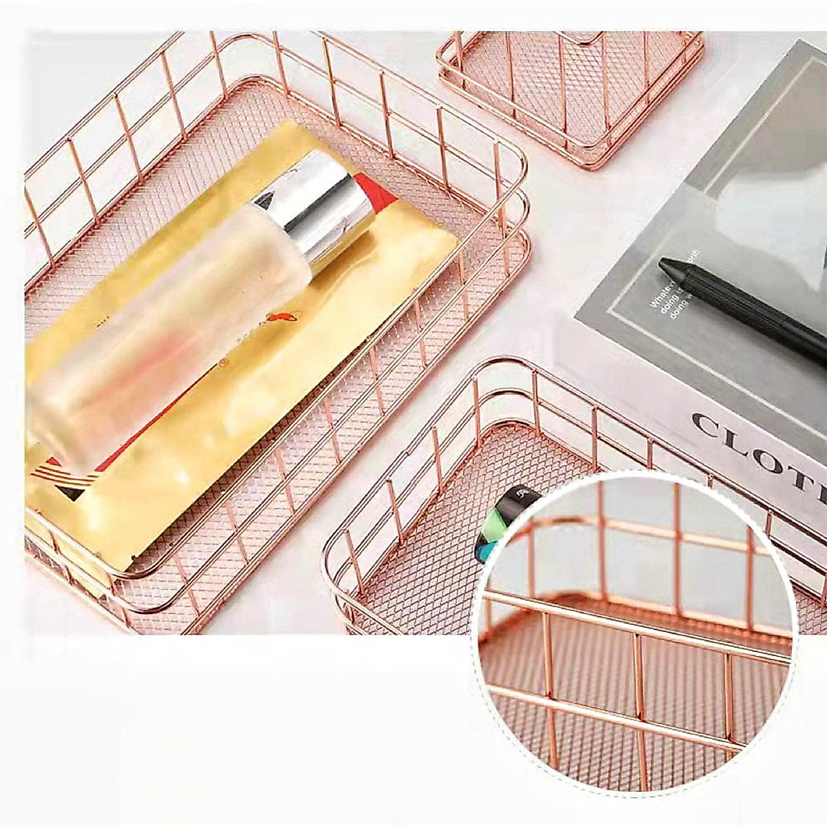 AESGXTU Rose Gold Metal Storage Basket Desktop Iron Grid Simple Snack Storage Tray for Home Decor＆Orderly Storage (Large)