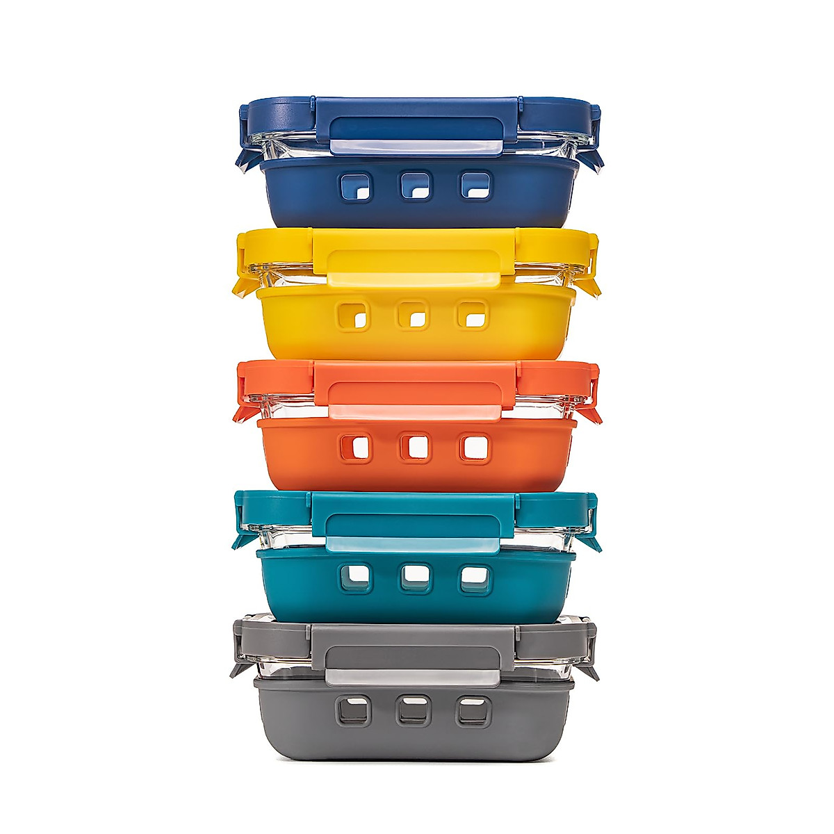 GC GENICOOK Glass Food Storage Meal Prep Containers - Bowls with Silicone Sleeve and Airtight Durable Glass Lids- Bento Box Lunch Box -stackable,microwave and freezer safe,(5 Pack, 22 Ounce)