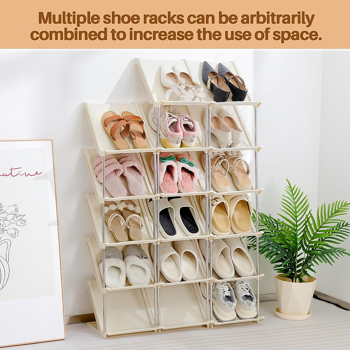 AGTEK 5 Tier Plastic Shoe Shelf Collapsible Shoes Storage,Narrow Stackable Free Standing Shoes Storage,Shoe Racks for Entryway or Bedroom,White