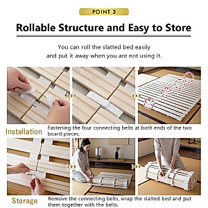 EMOOR Wood Roll-Type Slatted Bed Full (55.2x78.7in) for Japanese Floor Futon Mattress, Franco-ROLL, Unpainted Paulownia, Floor Sleep Bedding Guest Minimalist Tatami Mat Natural