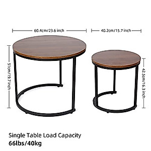 Coffee Tables for Living Room - Small Round Coffee Table Set of 2, Center Table with Solid Wood Grain Table Top and Sturdy Metal Frame, Nesting Tables for Small Spaces, Easy to Assemble (Walnut)