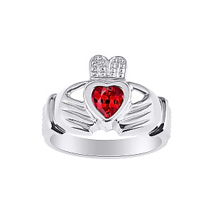 Rylos Rings 14K White Gold Claddah Love, Loyalty & Friendship Heart 6MM Gem Irish Wedding Band Claddagh Rings July Ruby Jewelry Size 8