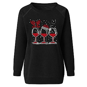 Christmas Sweatshirts for Women 2022 Fashion Red Wine Glass Print Long Sleeve Pullover Xmas Casual Crew Neck Tops