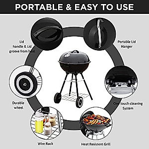 18 Inch Portable Charcoal Grill with Wheels for Outdoor Cooking Barbecue Camping BBQ Coal Kettle Grill - Heavy Duty Round with Thickened Grilling Bowl Wheels for Small Patio Backyard