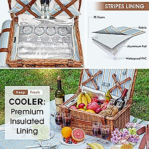 Wicker Picnic Basket Set for 4 Persons with Large Insulated Cooler Compartment, Adjustable Shoulder Strap, Willow Hamper and Free Waterproof Blanket Set with Cutlery Service Kit