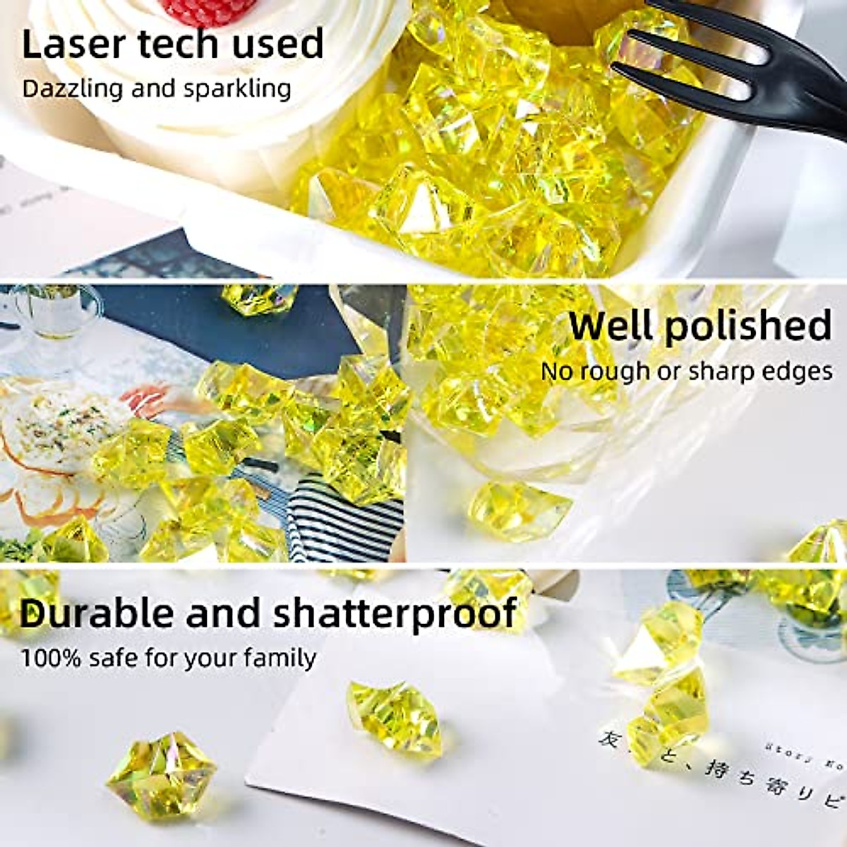 DomeStar Iridescent Yellow Acrylic Ice Rocks, 180PCS Holographic Crushed Ice Dazzling Fake Diamonds Sparkling Plastic Gems for Vases Fillers Table Scatter Decoration Game