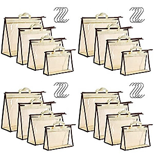 16 Pack Clear Handbag Storage Organizer and 16 Stainless Steel S-Hooks Anti-dust Purse Storage Bags with Zipper and Handle Moisture Proof Dust Cover Organizer Bags for Closet Hanging, 4 Assorted Sizes