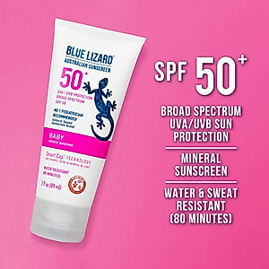 BLUE LIZARD Baby Mineral Sunscreen with Zinc Oxide, SPF 50+, Water Resistant, UVA/UVB Protection with Smart Cap Technology - Fragrance Free, 3 Ounce Tube
