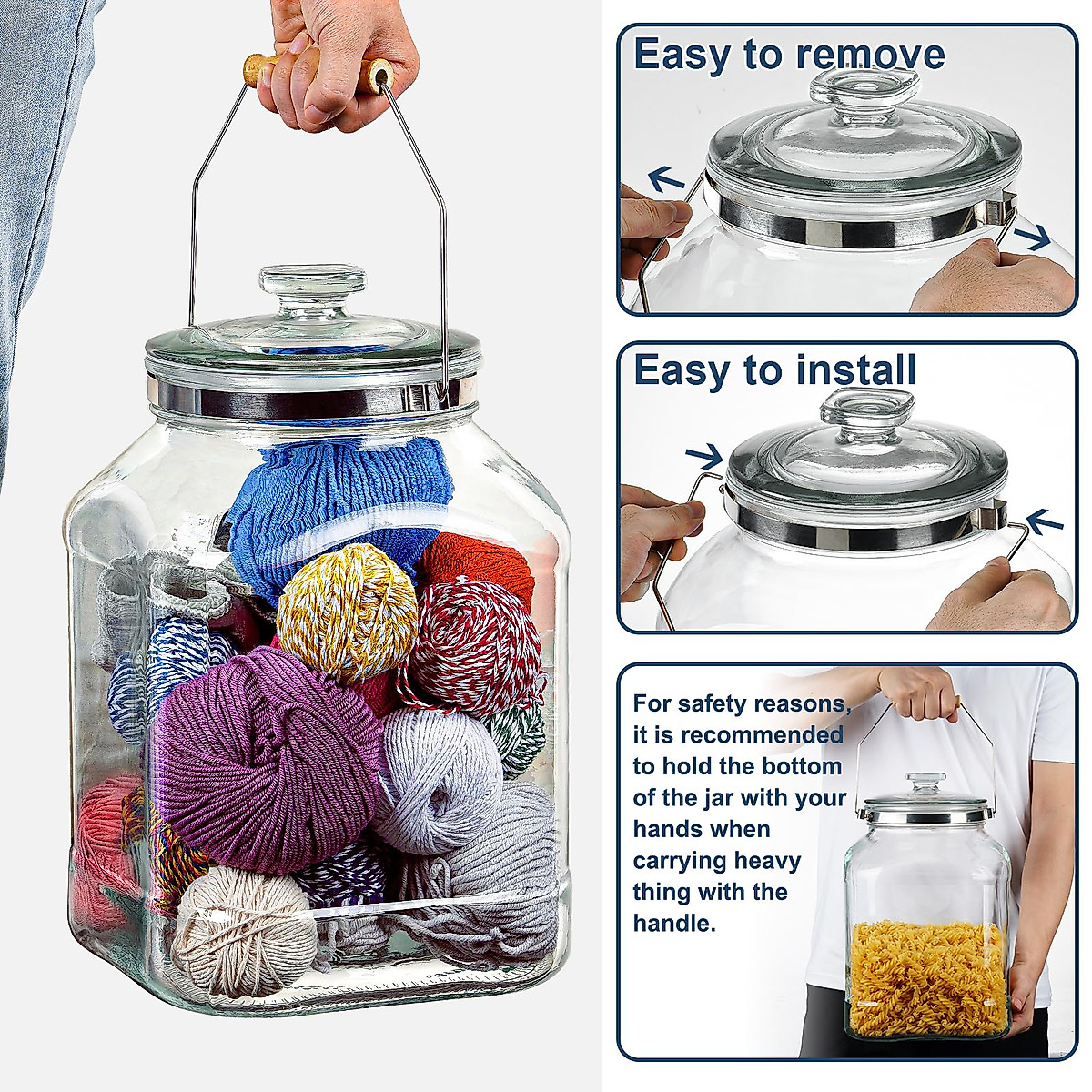 Daitouge 2.5 Gallon Glass Jar with Lids, 5.5" Opening Heavy Large Glass Storage Jars with Handle, Extra Big Glass Container for Kitchen Organization