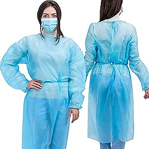 [10-Pack] Disposable Isolation Gown, FDA Registered, AAMI Level 1 PP & PE 30g, Fully Closed Double Tie Back, Elastic Cuffs, Fluid Resistant, Unisex (10), Blue