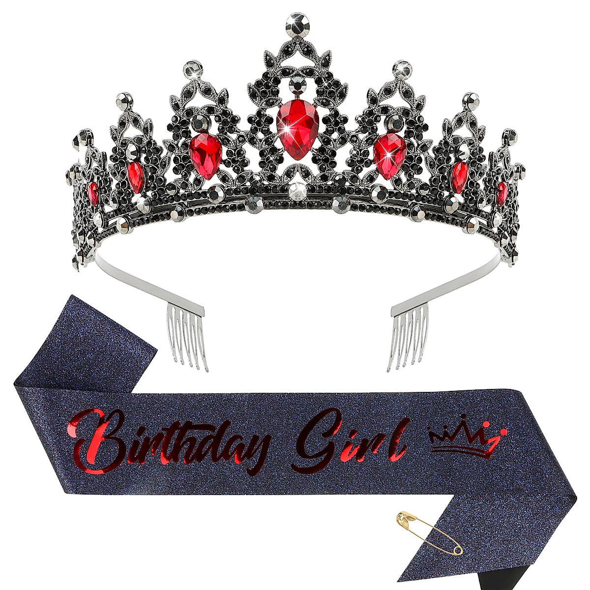 CIEHE Red and Black Birthday Decorations, Queen of Hearts Crown + Black Birthday Girl Sash Set, Birthday Crown and Sash for Women, Birthday Sash for Women Birthday Tiara, Birthday Girl Crown Birthday