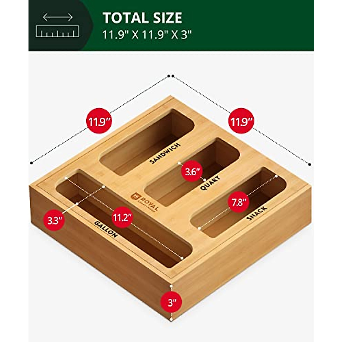ROYAL CRAFT WOOD Bamboo Ziplock Bag Storage Organizer - Food Storage Bags Container with Slider - Kitchen Plastic Bags Storage Organization Compatible for Sandwich & Snack Bags