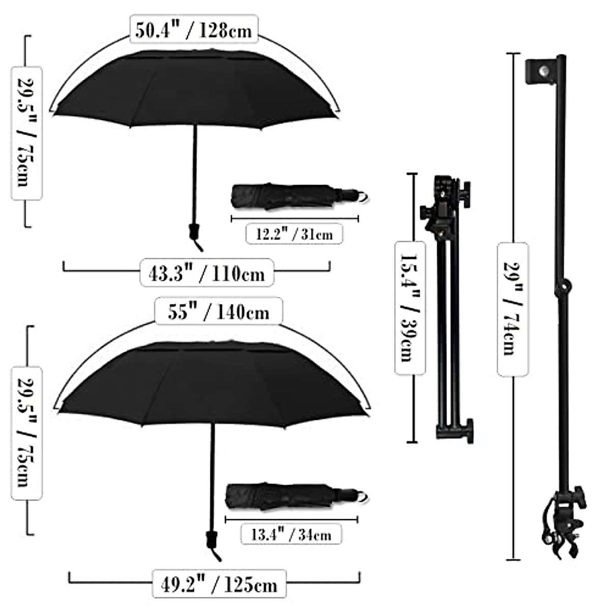 HOBVO UPF 50+ Golf Umbrella with Adjustable Universal Clamp Portable Umbrellas for Rain, Manual Open & Close, for Beach Chair, Golf Cart, Stroller, Bleacher, Patio (Black, 49.2")