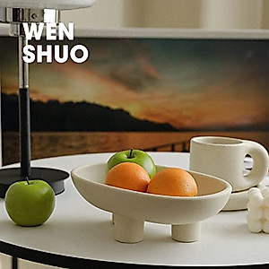 WENSHUO Three-Legs Ceramic Fruit Bowl for Kitchen Counter, Decorative Bowl for Table Décor, 10-inch Oval Large Bowls for Breads, Matte Crème