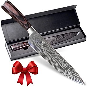 HIPERMAX Damascus 8 inch professional and household chef's knife made of sharpened stainless steel with high carbon content and ergonomic pakka wood handle for cutting food, luxury gift case