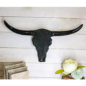 Ebros Gift Large 18.25" W Longhorn Cow Cattle Bejeweled Black Beads Skull Wall Head Decor Hanging Sculpture Plaque Bull Steer Figurine Trophy Bulls Cows Steers Taxidermy Animal Skulls