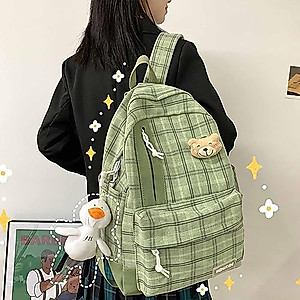 CLOUDEMO 2023 New Kawaii Backpack with Cute Accessories Aesthetic Plaid Daypack 17 Inch Laptop Backpack Pastel Outdoor Travel Bag (Green)