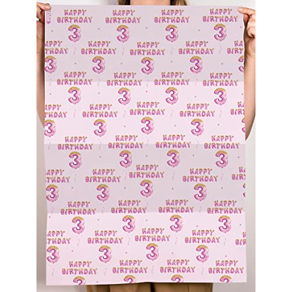 CENTRAL 23 Birthday Wrapping Paper For Girls - 6 Sheets Pink Wrapping Paper - Age Three - Happy 3rd Birthday Gift Wrap For Her - Comes With Stickers - Recyclable