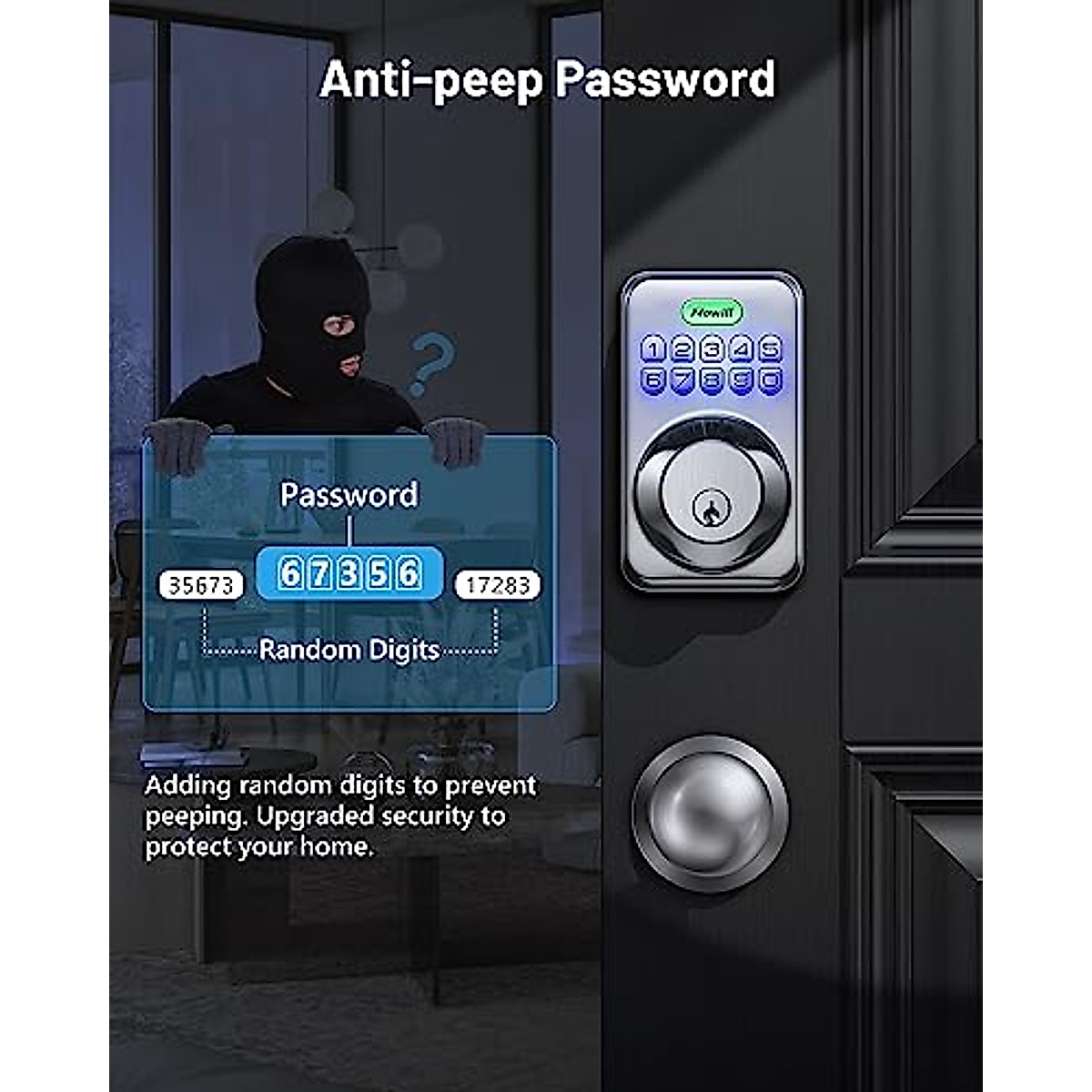 Keyless Entry Door Lock with 2 Knobs, Zowill DK01K Keypad Door Lock with Handle, Front Door Lock Set, Auto Lock, One-Touch Lock, One Time Code, IP54 Waterproof, Easy Installation - Satin Nickel