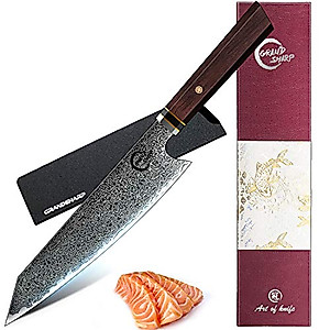Kiritsuke Chef Knife,GRANDSHARP Kitchen Knife Damascus Pro Sharp VG10 High Carbon Stainless Steel 67-Layer Meat Sushi Fruit Cutting Cleaver Chef Knife[Gift Box]Ergonomic Wooden Handle-8 Inch