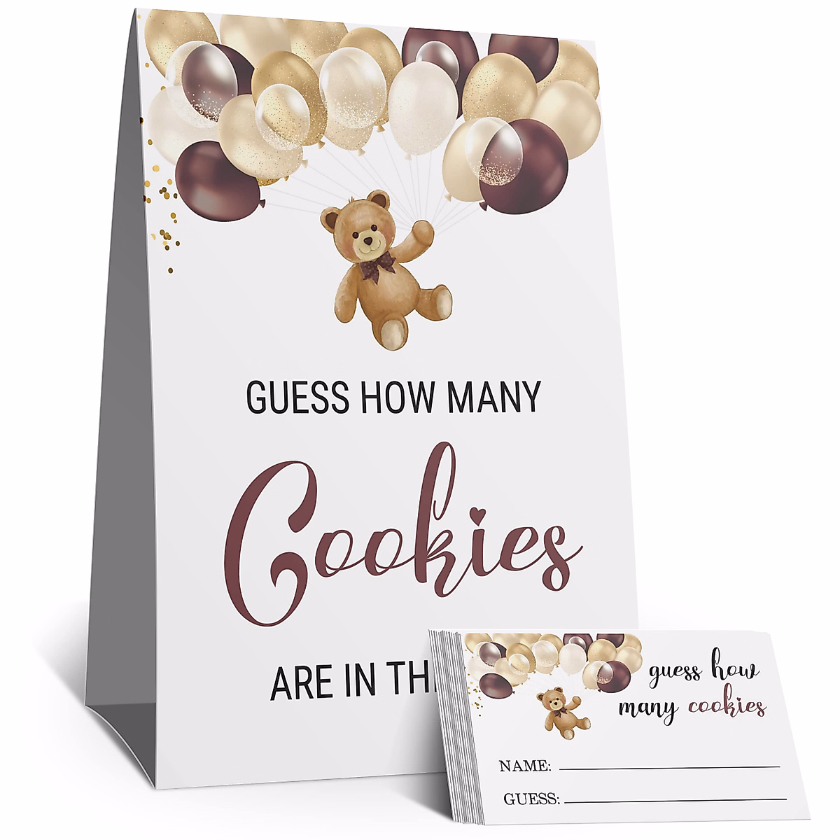 Guess How Many Cookies Are In The Jar, Brown Bear Balloon Shower Gamesr Decorations Set, Neutral Boy and Girl-(1 Sign and 50 Cards)