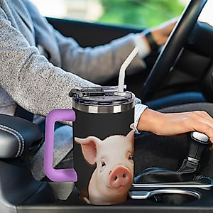 LLUTSNTH 40 Oz Vacuum Tumbler with Violet Handle Leakproof Insulated Tumbler Cute Pigs Stainless Steel Travel Mug with Lid And Straw Coffee Cup Cute Water Bottles Cup Holder Friendly