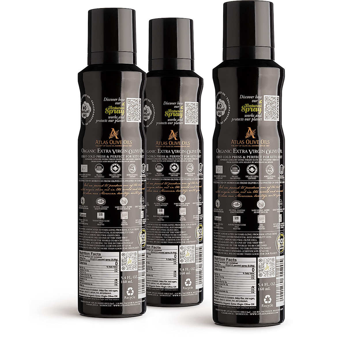 Organic Extra Virgin Olive Oil Spray, Polyphenol Rich Moroccan Oil, Cooking Spray Non Stick, Cold Pressed EVOO Oil, Hydroxytyrosol Keto Olive Oil, 5.4 fl oz. Bottle, Pack of 3