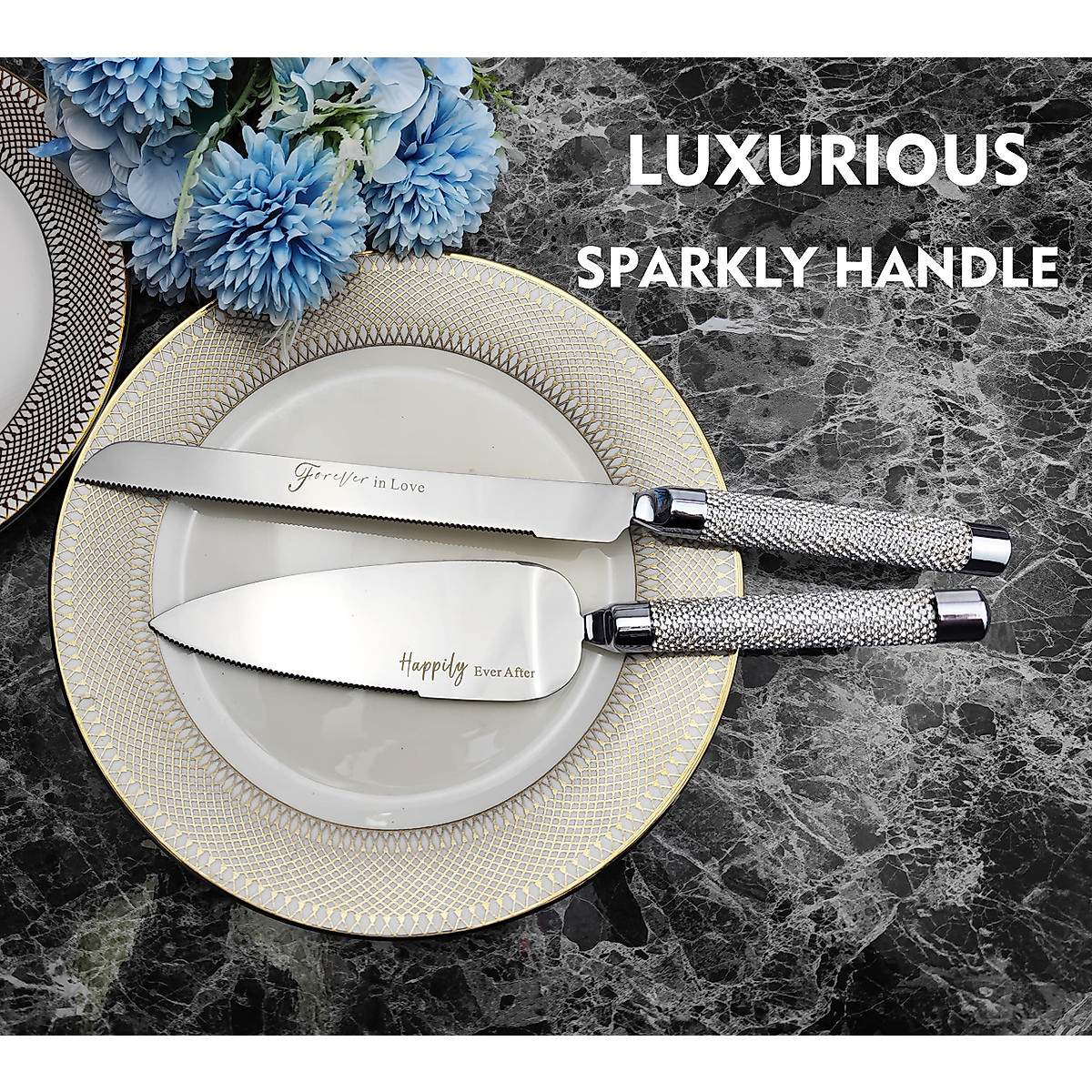 ROXBURGH Wedding Cake Knife and Server Set, Mr and Mrs Forks, Cake Cutting Set for Wedding, 420 Stainless Steel Silver Cake Cutter and Pie Server Slicer, Rhinestones Studded Handle Engagement