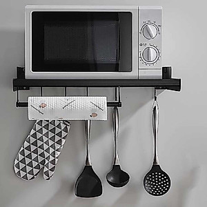 Kitchen Microwave Storage Rack, Home Wall Rack, with 5 Hooks Wall Mounted Oven Tray, Microwave Storage Bracket (21.7 * 15 * 3.4 inches, Black)