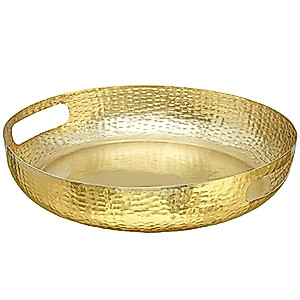 MyGift 12 Inch Round Brass Metal Handcrafted Unique Serving Tray with Hammered Pattern Design and Cut Out Handles, Decorative Coffee Table Tray - Handmade in India