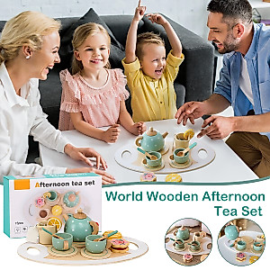 Toy Tea Set, Wooden Pretend Play Tea Party Set, Tea Time Toy Set, Role Play Toy Kitchen Accessories, Dessert Food Playset Interactive Simulation Teacup Toy for Toddlers Kids